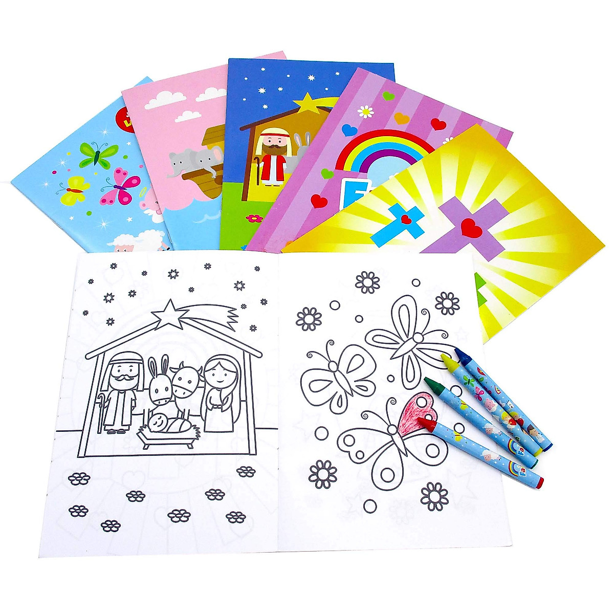 Tiny Mills Christian Religious Coloring Book Set for Kids with 12 Coloring Books and 48 Crayons Favor Bag Filler Sunday School VBS Rewards Basket Fillers Church Carnivals