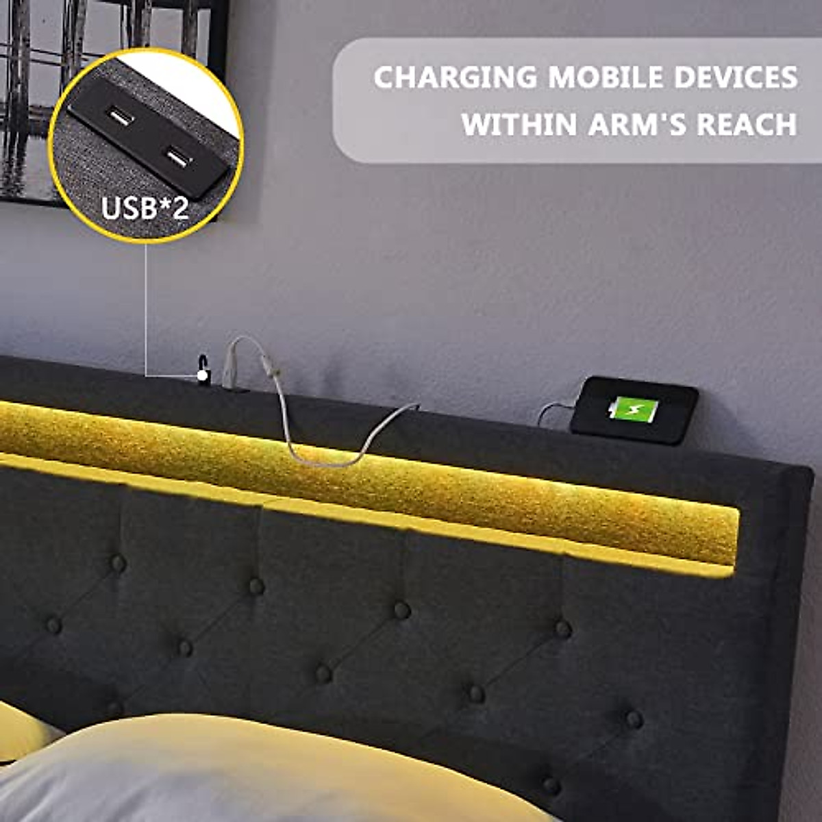 Alohappy Full Size Bed Frame with 4 Drawers, LED Bed Frame with 2 USB Ports and Adjustable Upholstered Headboard, Mattress Foundation with Wooden Slats Support, No Box Spring Needed, Dark Grey