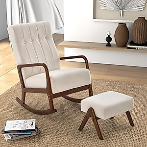 Upholstered Rocking Chair with Ottoman and Solid Rubber Wood Frame and Padded Cushion, Comfortable Rocker Solid Wood for Living Room (Beige)
