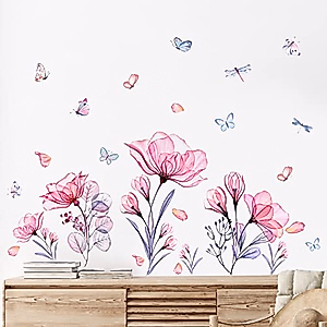 Prabahdak Pink Flowers Wall Decals Removable Butterflies Floral Flowerl Wall Stickers DIY Vinyl Self Adhesive Wall Mural for Nursery TV Background Kids Gilrs Rooms Bedroom Decoration