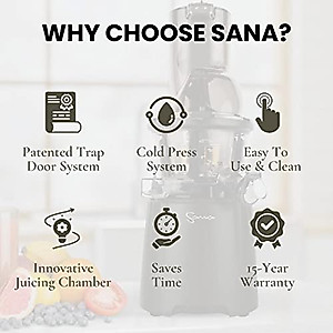 Sana Wide Mouth Premium Cold Pressed Vertical Juicer | Patented Trap Door System | Includes 2 Premium Accessories | 240W High Torque Motor | 15 Year Warranty (Black)