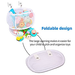 AMZKEIO 2 x Bath Toy Storage, Bath Toy Organizer with Fixed Opening, Large Capacity Standing Bath Toy Holder, 8 Super Sticky Hooks, Quick-Drying Mesh Storage Bag with Bottom Zipper