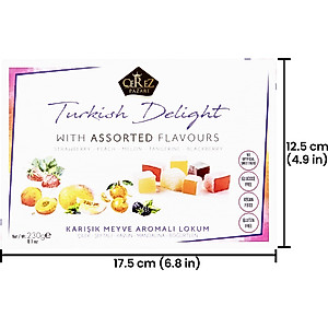 Cerez Pazari Turkish Delights Candy with Assorted Mix Flavours 8.1 Oz Vegan Fruit Snacks Gift Box | No Nuts Sweet Luxury Traditional Confectionery Lokum Loukoumi