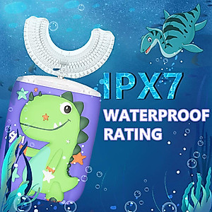 Kids Electric Toothbrushes Dinosaur U Shaped Rechargeable Ultrasonic Automatic Toothbrush for Toddler with Replacement Brush Heads 6 Cleaning Modes IPX7 Waterproof 360° Oral Care 45S Timer (Age 2-7)