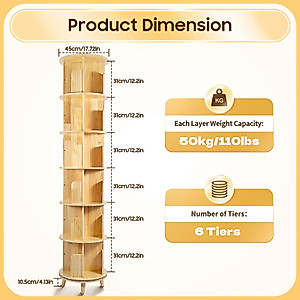 NOPTEG Rotating Bookshelf, 6 Tier Solid Wood 360 Display Floor Standing Bookcase Storage Rack, Free Standing Wood Bookcases for Kids&Adults Multi-Functional Bookshelf Organizer