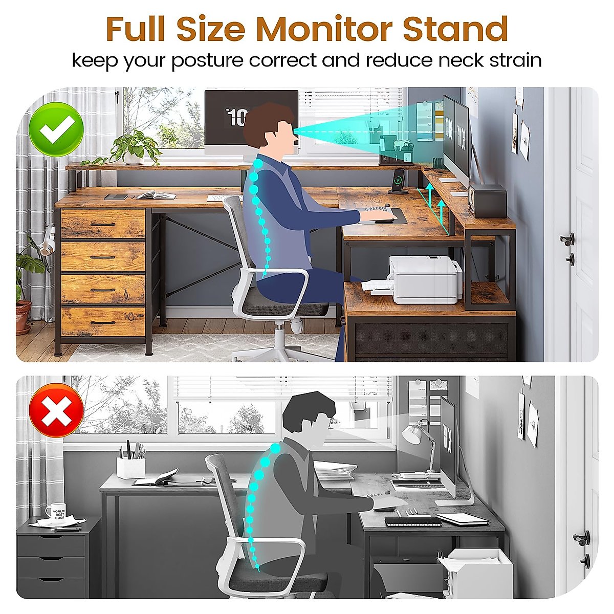 SEDETA L Shaped Desk with 6 Drawer, 108" Home Office Desk with File Drawer & Power Outlet, Corner Computer Desk with Monitor Shelf, Two Person Desk, Gaming Desk with Led Lights, Rustic Brown