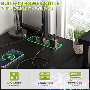 Besiost Small L Shaped Desk Gaming Desk with Power Outlets, 48" Reversible L Shaped LED Computer Desk with Monitor Stand & Storage Shelf, Corner Gamer Desk Home Office Desk with Storage Bag, Black