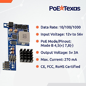 PoE Texas Raspberry Pi PoE Hat - Power Over Ethernet PiHat Fits Raspberry Pi 3 B+ and Pi 4 - Slim, Sleek, Compact, Heat Sink, Fanless - Works with 15 to 56 Volt Passive Network Switch or Injector