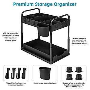 premium adjustable Under Sink Organizer, Multi-Purpose 2-Tire Organizer, with 4 Hooks,4 Dividers, 2 Handles, For Kitchen, Bathroom, Easy To Use For Storage And Organization (Black-1 Pack).