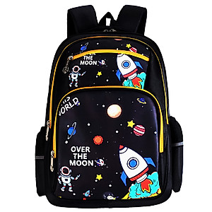 Rafaelle Kids Backpack for Boys Elementary Kindergarten with Astonauts Outer Space Ship Alien Galaxy Prints Large Capacity Preschool School Bag (black, 16 * 12 * 7 Inch / 40 * 30 * 17 cm)