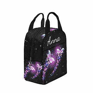 InterestPrint Custom Name Lunch Bag For Men Women Pink Blue Butterfly Personalized Text Cooler Lunch Box Portable Reusable Lunch Bag Gift for Workout Camping Travel