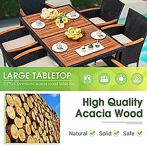 Devoko Outdoor Patio Dining Sets 7 Pieces Rattan Patio Conversation Set with Acacia Wood Table Top and Widened Armrests, Wicker Outdoor Dining Table and Chairs Set for Backyard, Garden, Deck