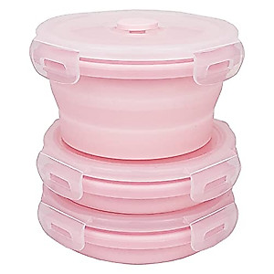 CCyanzi 3piece Round Collapsible Bowl with Lids, Silicone Food Storage Containers, Microwave & Freezer Safe, Space Saving for Kitchen Cabinet and Camping Backpack,(Pink)