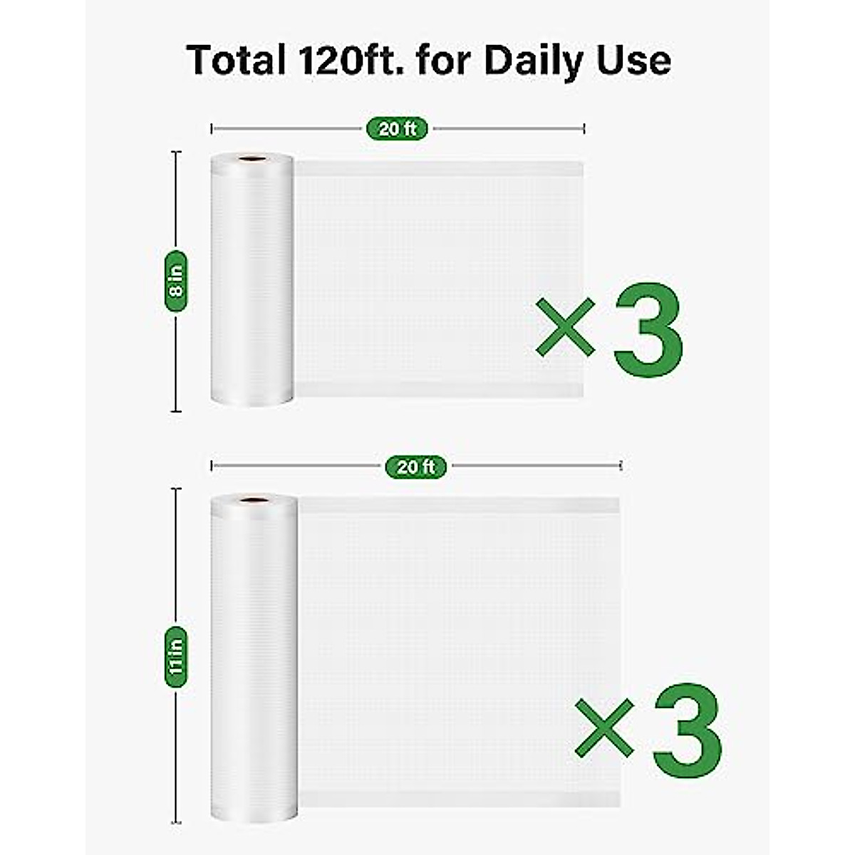 Kootek Vacuum Sealer Bags, 3 Rolls 8"x20' and 3 Rolls 11"x20' (6 Pack, Total 120 feet), Commercial Grade, BPA Free Food Vac Bags Rolls for Storage, Meal Prep or Sous Vide