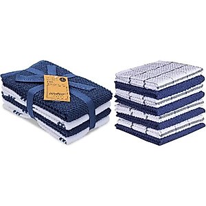 AMOUR INFINI Bundle Pack of 4 Terry Dish Towels + 8 Dish Cloths Ultra Soft and Absorbent Kitchen Towel & Dishcloth Combo - Cotton Dishtowels for Washing Up | Blue