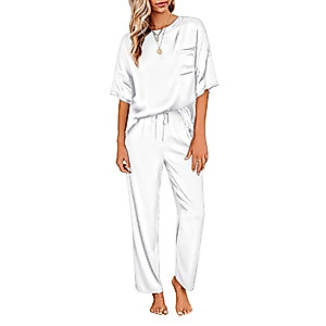 Ekouaer White Silk Pajamas Satin Pajamas Women Short Sleeve Long Pajama Pant Set Loungewear Pajama Shirt and Top Set White L
