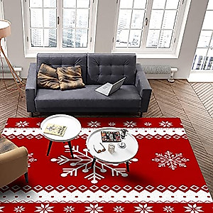 Christmas Area Rugs Living Room Floor Mat Chrsitmas Snowflake Winter Snow Red Background Collection Non-Slip and Washable Carpets for Indoor Bedroom Kids Room Home Decor, 2x3 Feet