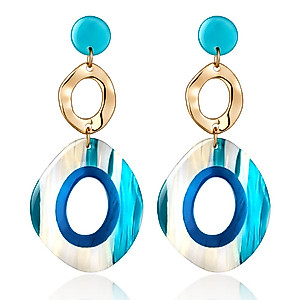 CLASSYZINT Long Acrylic Dangle Earrings For Women Round Blue Swirled Acrylic Resin Drop Gold Plated Dangle Earrings Boho Earrings Beach Jewelry