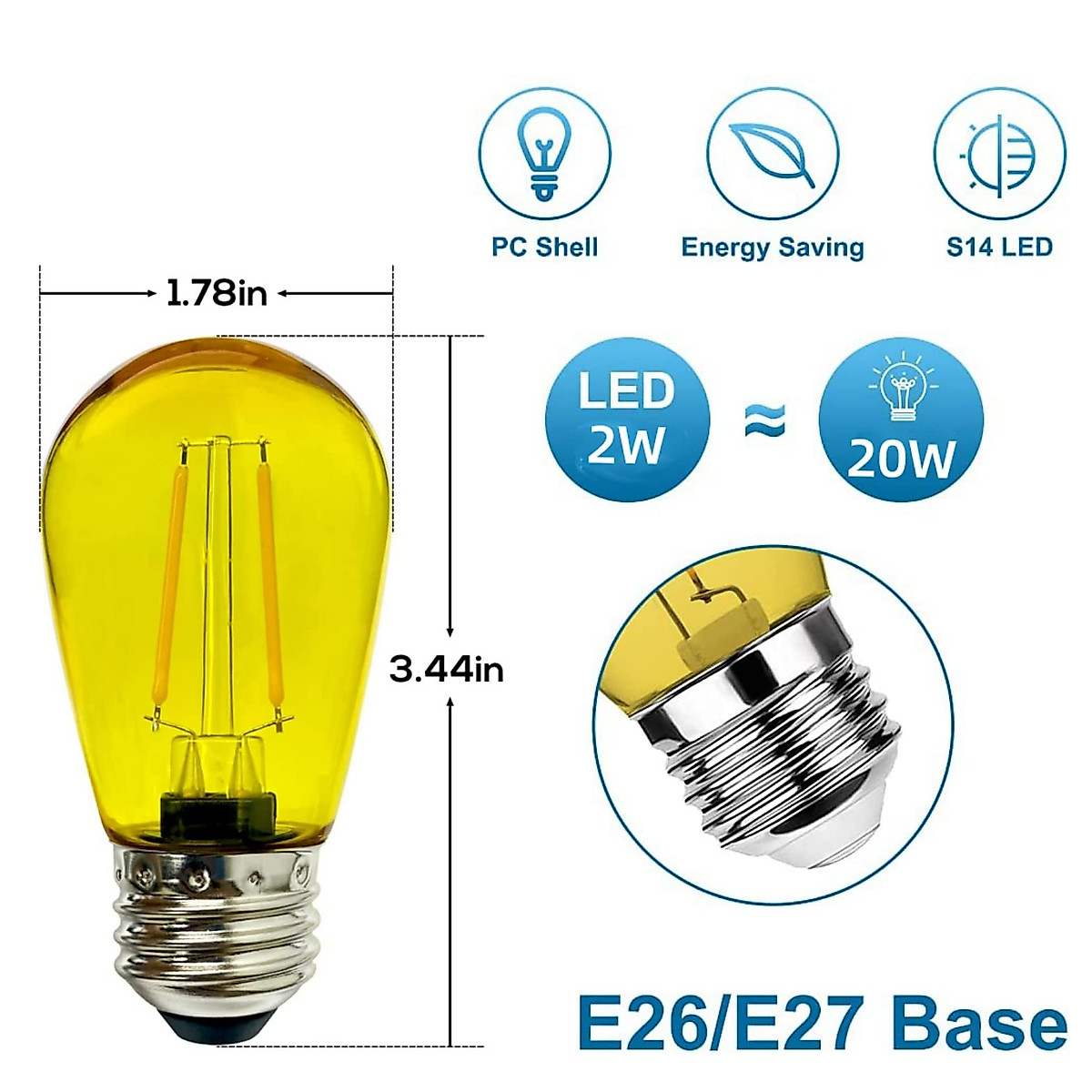 Minsily 15 Pack S14 Yellow LED Bulbs 2W S14 Outdoor LED String Light Bulb Plastic Shatterproof LED Replacement Bulbs 110V Edison Bulbs E26 Base Decorative Bulb for Home Patio Christmas Decor(Yellow)