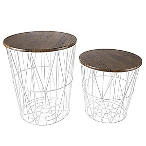 Lavish Home End Storage – Nesting Wire Basket Base and Wood Tops – Industrial Farmhouse Style Side Table Set of 2, White