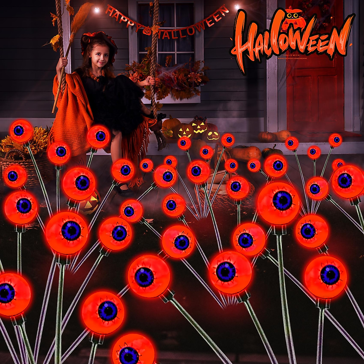 DooYard Halloween Decorations Outdoor, 2 Pack Solar Swaying Eyeball Lights, Swaying by Wind, Solar Pathway Lights, Halloween Decor with 2 Lighting Modes, Halloween Stake Lights for Garden Yard(Red)