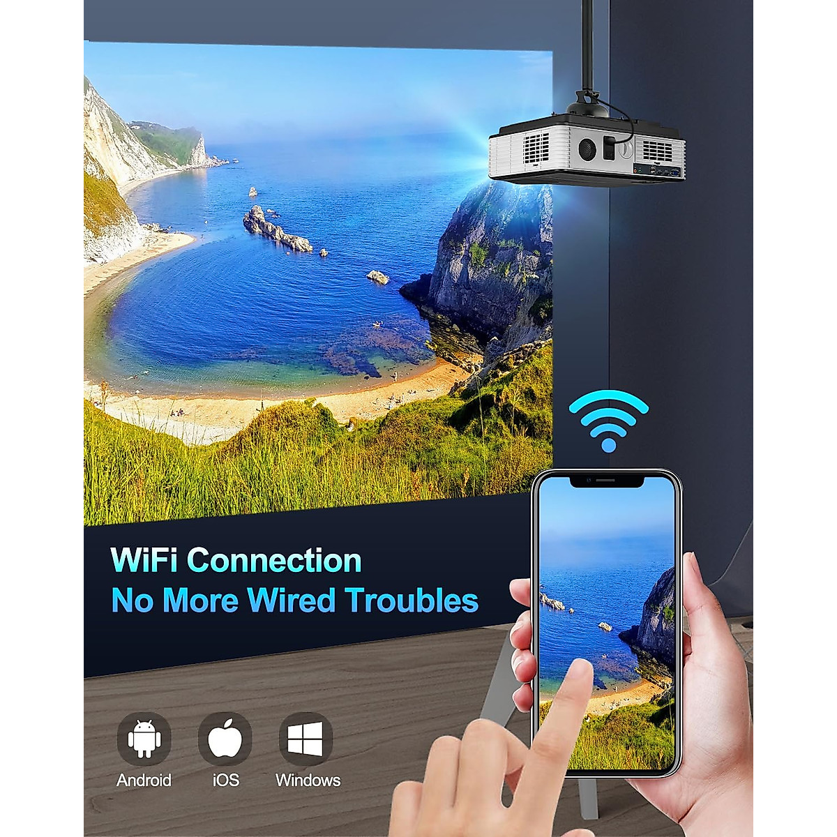 Native 1080P Full HD Projector, 6500 Lumen Projector with WiFi and Bluetooth, Upgrade Android Smart Projector for Outdoor/Indoor,Compatible with SmartPhone/TV Stick/PC/Laptop