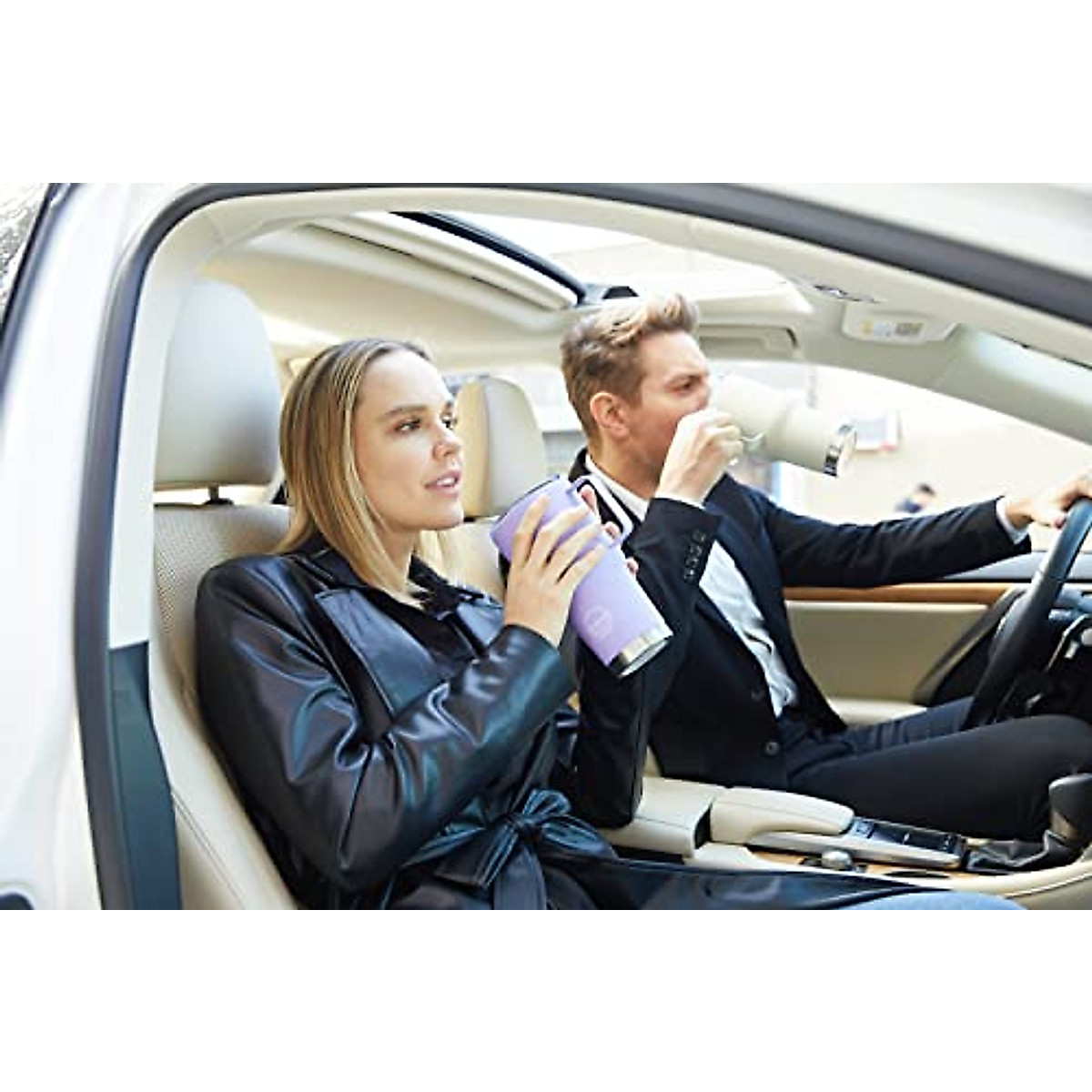 Mayim Large Travel Coffee Mug Tumbler with Clear Slide Lid and Handle, Reusable Vacuum Insulated Double-Wall Stainless-Steel Thermos, Fits in Cup Holder, 30oz., Neon Yellow