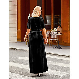 MEROKEETY Women's Short Sleeve Vintage Velvet Long Dress Sexy Boho Wedding Guest Evening Maxi Dresses, Black, Large