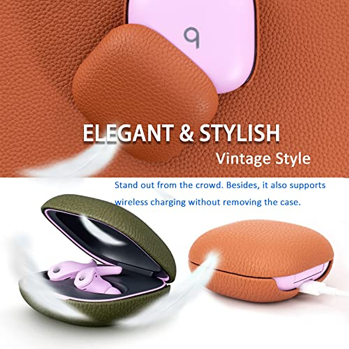 Miimall Compatible for Beats Fit Pro Leather Case Cover, [Vintage Style] [Anti-Lost Strap] Durable Genuine Leather Protective Case for Beats Fit Pro (Red)