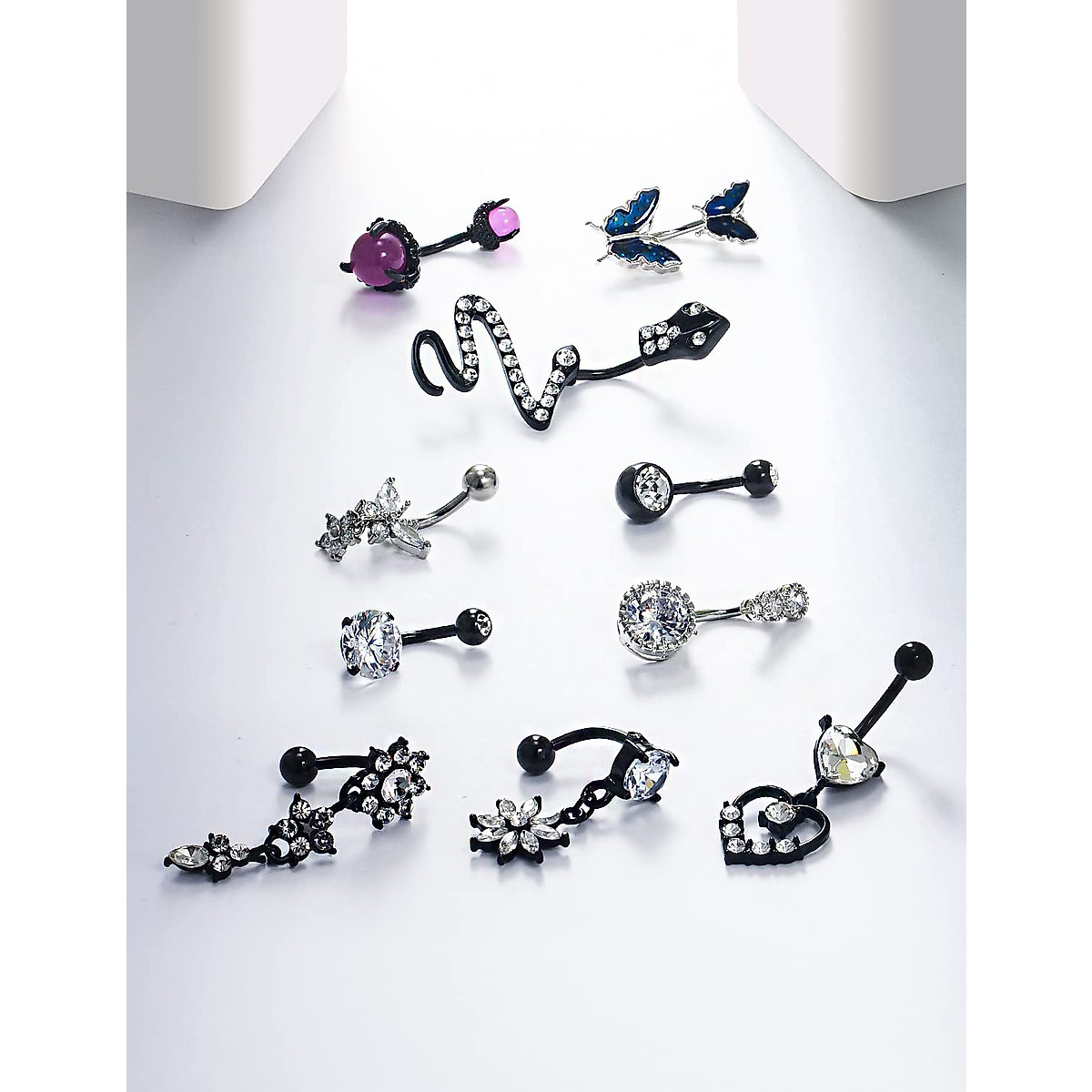 Eakxnig 14G Belly Button Ring Stainless steel Dangle Belly rings Snake Glow Dark Round Cubic Zirconia Navel Barbell Body Piercing Jewelry For Women 3/8inch 10mm silver,rose,purple,black men belly ring