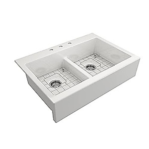 BOCCHI Nuova Apron Front Drop-In Fireclay 34 in. 50/50 Double Bowl Kitchen Sink with Protective Bottom Grids and Strainers in White