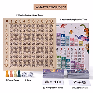 2 in 1 Multiplication Addition Math Board Game for Kids - Wooden Montessori Math Toys for Girls Boys 4 5 6 7 8 9 Years Old Wood Double Sided Board Table Dice Card Games for Family