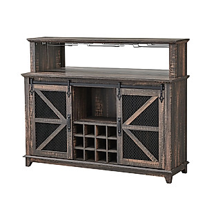 OKD Farmhouse Coffee Bar Cabinet with LED Lights, 55" Wine Bar Cabinet w/Sliding Barn Door & Wine and Glass Rack, Kitchen Buffet Cabinet w/Storage Shelves for Dining Room,Dark Rustic Oak