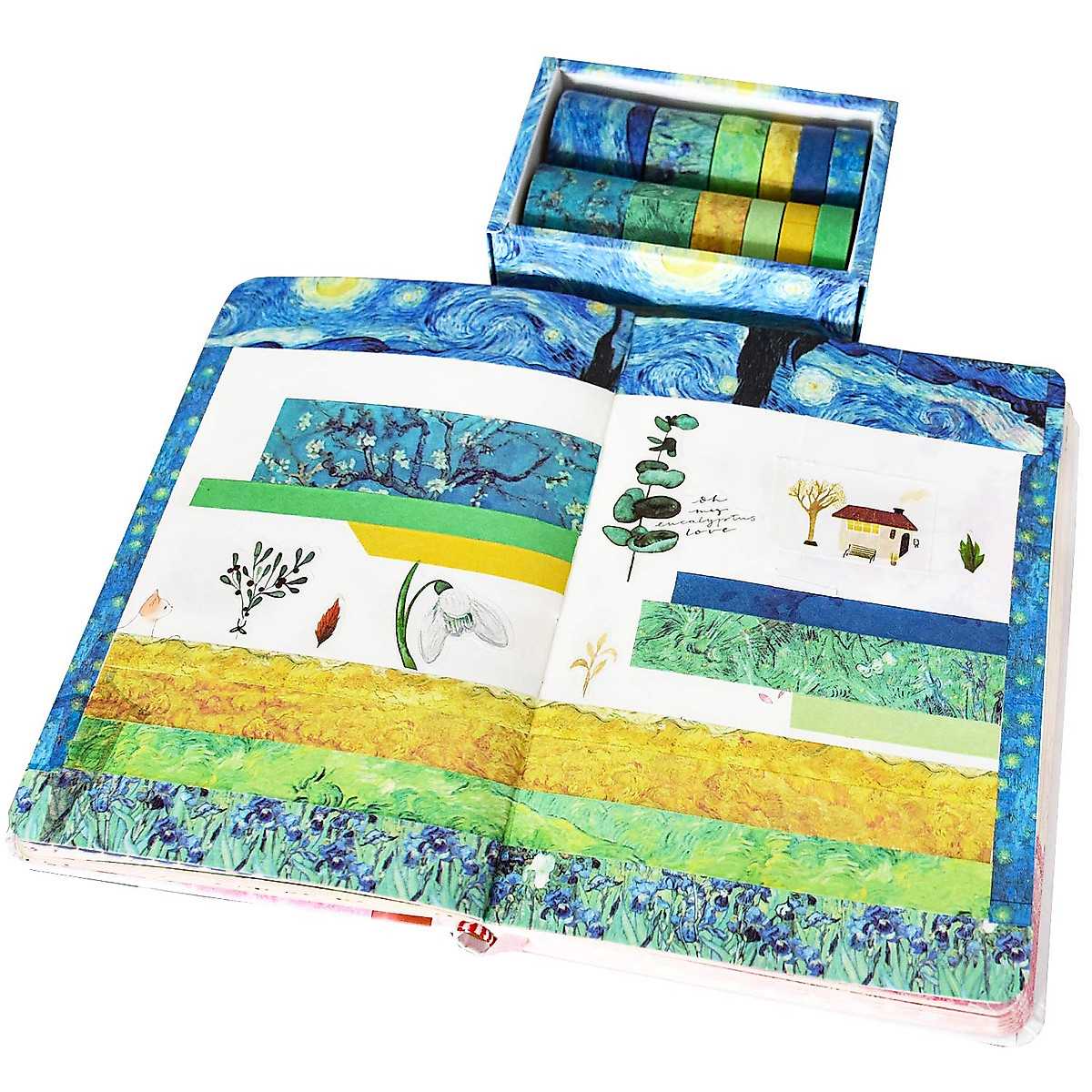 DAPUTOU Washi Tape Set of 12 Rolls,Van Gogh Starry Night Decorative Green Leaves Floral Blue Yellow Washi Masking Tape Sets for Craft,Kids,Scrapbook,DIY,Gift Wrapping(Yellow)