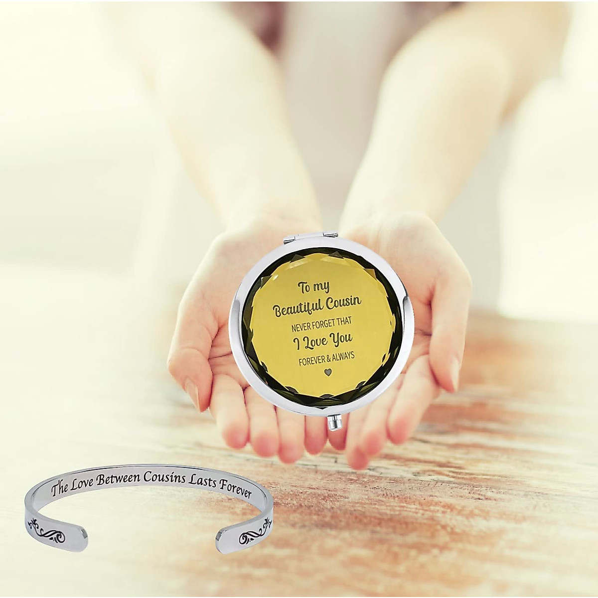 MALLAbyLAMMA Birthday Gift for Cousin Female, Cousin Bracelets for Women, Cousin Mirror Compact, I Love You Cousin, Favorite Cousin Gifts, Sister Cousin Gifts, Gift for Cousin Christmas