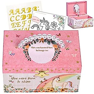 Emme Treasures Musical Jewelry Box - Personalizable Unicorn Kids Jewelry Box for Girls with Glitter Alphabet Stickers - Whimsical Girls Jewelry Box - Giftable Kids Music Box