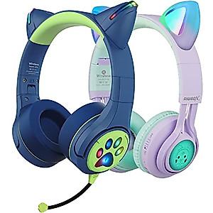 Kids Bluetooth Headphones, 2 Packs Cat Ear Headphones with LED Light, Boom Mic&Built-in Mic for Calls, 85dB Volume Limited Kids Headphones Wireless&Wired for School Tablet PC Phones (Purple&Blue)