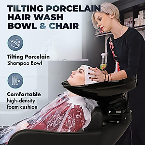Buy-Rite Lexus Backwash Unit - Salon Shampoo Chair & Tilting Porcelain Shampoo Bowl, European Style Single Handle Faucet, Extra Wide Seat and Kick-Out Leg Rest, TS-8018B (Black)