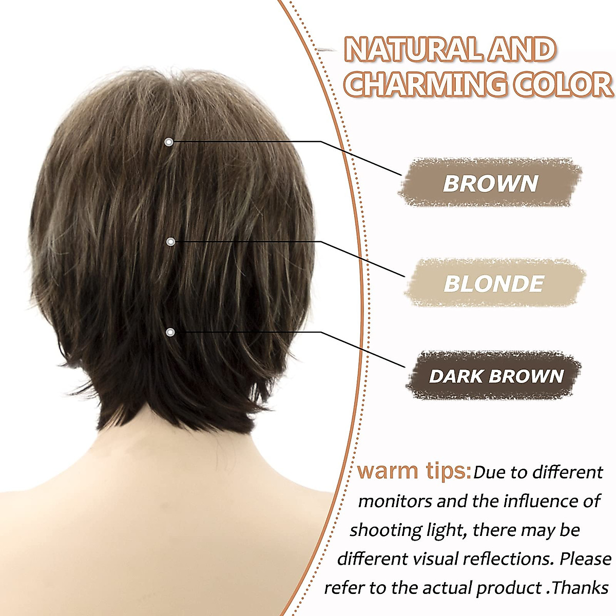 SEVENCOLORS Short Hair Wigs with Bangs Dark Brown Mixed Blonde Pixie Cut Wig for Women Straight Synthetic Fiber Wigs