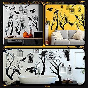 Seajan 4 Sheets Halloween Wall Decals Halloween Black Wall Stickers Black Tree Crow Cage Wall Decals Large Halloween Wall Decals Halloween Home Decor DIY Art for Wall Window Door (Birdcage, Crow)