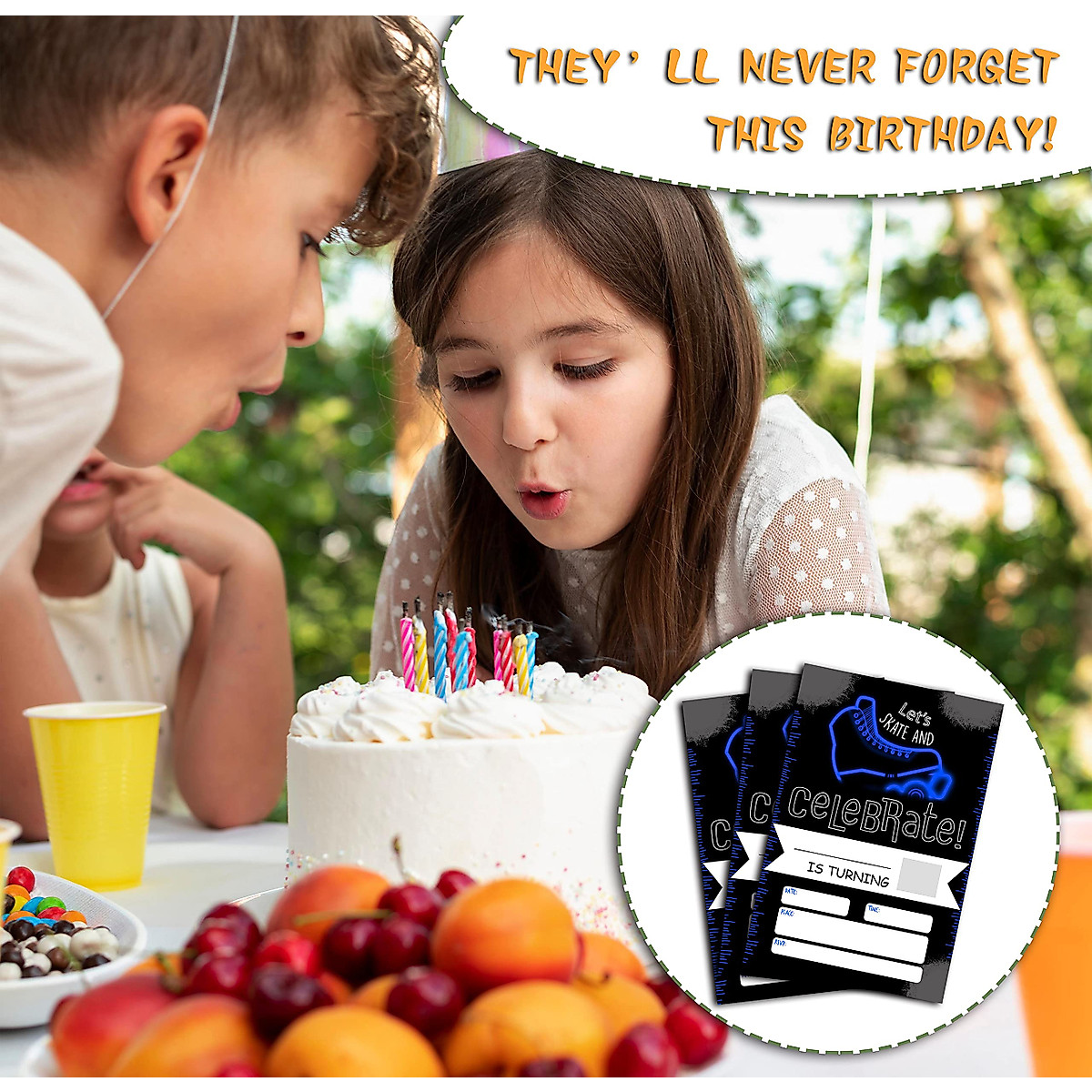 DETIHO 4" x 6" Blue Roller Skating Skating Theme Birthday Party Invitation Cards With Envelopes - Let's Skate and Celebrate - Neon Glow Skating Party Invitation - 20 Sets - E43