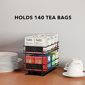 SpaceAid Pull Out Tea Bag Organizer Rack for Cabinet, Heavy Duty Slide Out Teabag Organizer for Kitchen Cabinets, with 70 Labels and Chalk Marker, 5.6"W x10.6"D x 6.6"H, 1 Drawer 2-Tier, Black