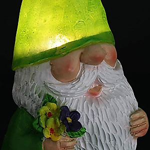 Exhart Solar Green Woodland Garden Gnome Statue, LED Hat, Durable Resin, Cute Yard Décor, 5”x5 x11