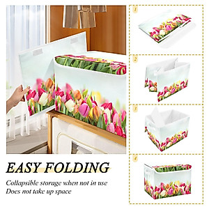 VIGTRO Tulips Flowers Garden Storage Bins with Lids Foldable Storage Boxes with 2 Handles, Summer Decorative Storage Basket Collapsible for Clothes Books