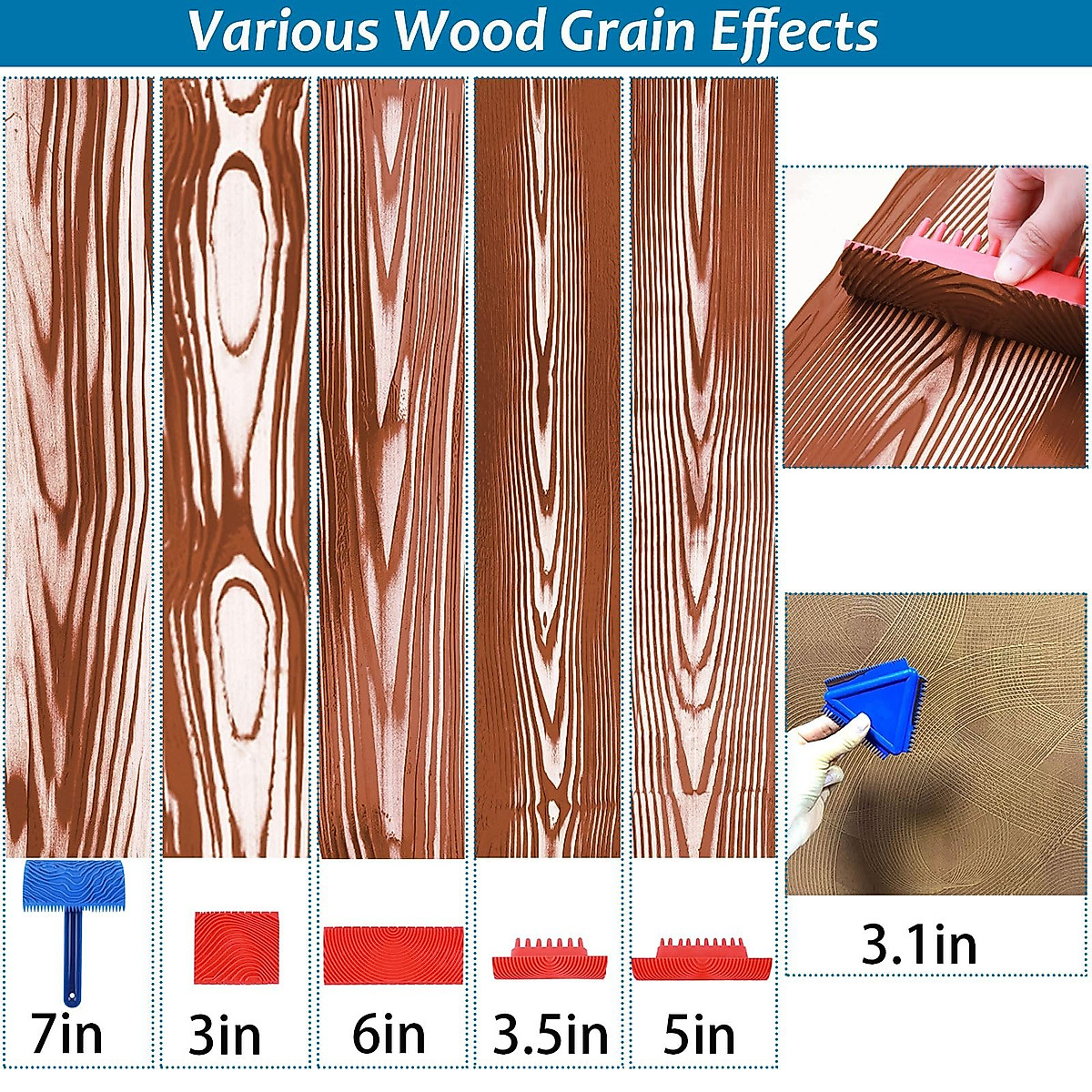 Wood Grain Tool, 9pcs Fake Wood Grain Roller Paint Brushes Rubber Graining Tool Paint Look Like Wood DIY Painting Tools for Walls Floors Room Decoration