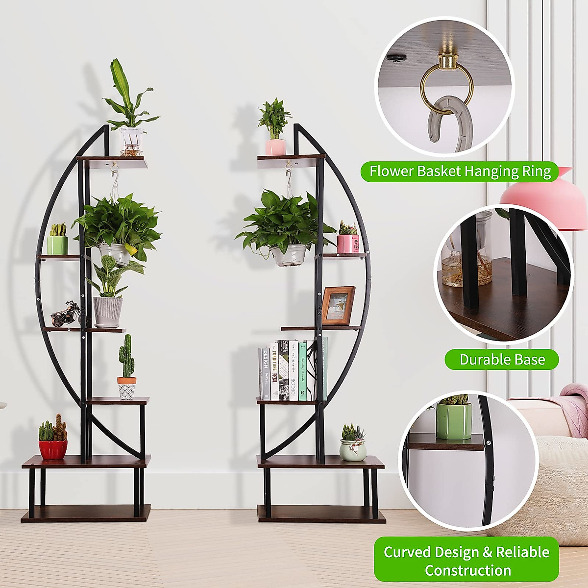 YIFOR 2 PCs 6 Tier Metal Plant Stand, Half Moon Plant Shelf Holder, Indoor Tall Ladder Plant Stand Large Plant Display Stand Rack for Living Room, Balcony, Patio, Garden