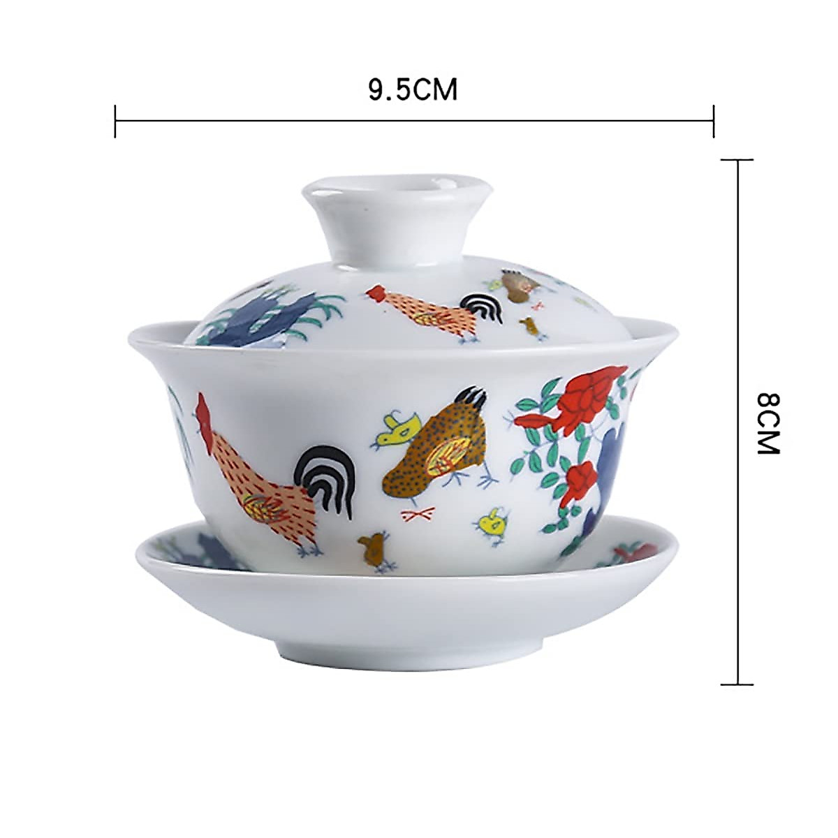 Bicuzat Funny Chicken Rooster Pattern Gaiwan Tea Cup, Kung Fu Teacups, 5 oz Cup and Saucer Set with Lid