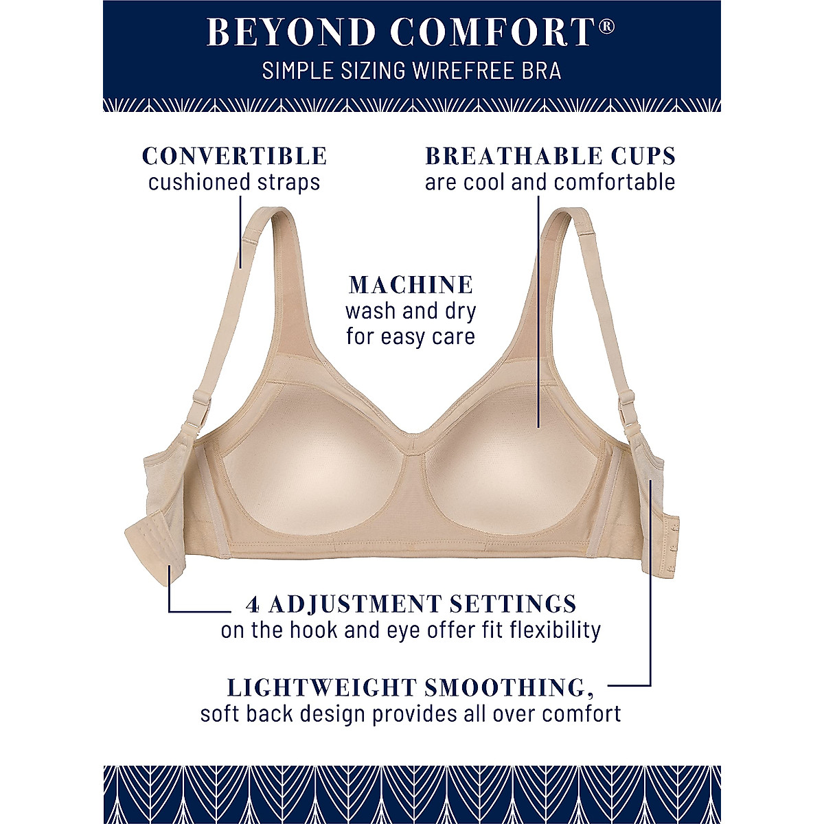 Vanity Fair Women's Wireless Bra, Soft Smoothing Fabrics, Simple Sizing Available S-3XL, Breathable Cups-Neutral, Large