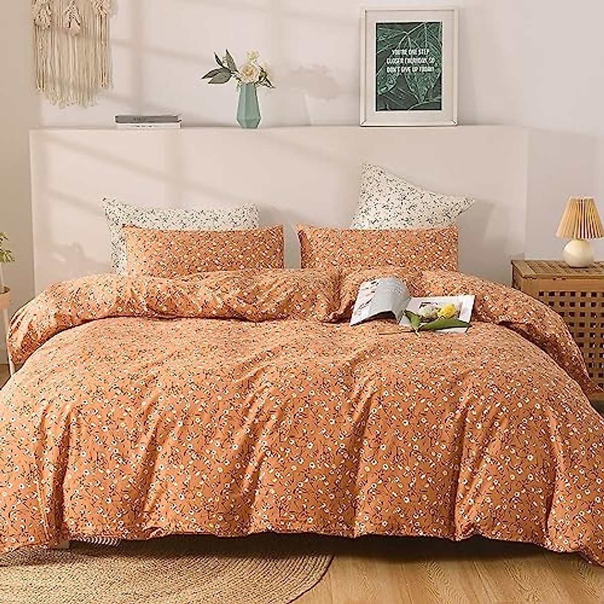Lekesky Cotton Duvet Cover Queen Size - 100% Washed Cotton Orange Pattern Floral Duvet Cover for All Season, Soft and Breathable Bedding Set with Zipper Closure & Corner Ties