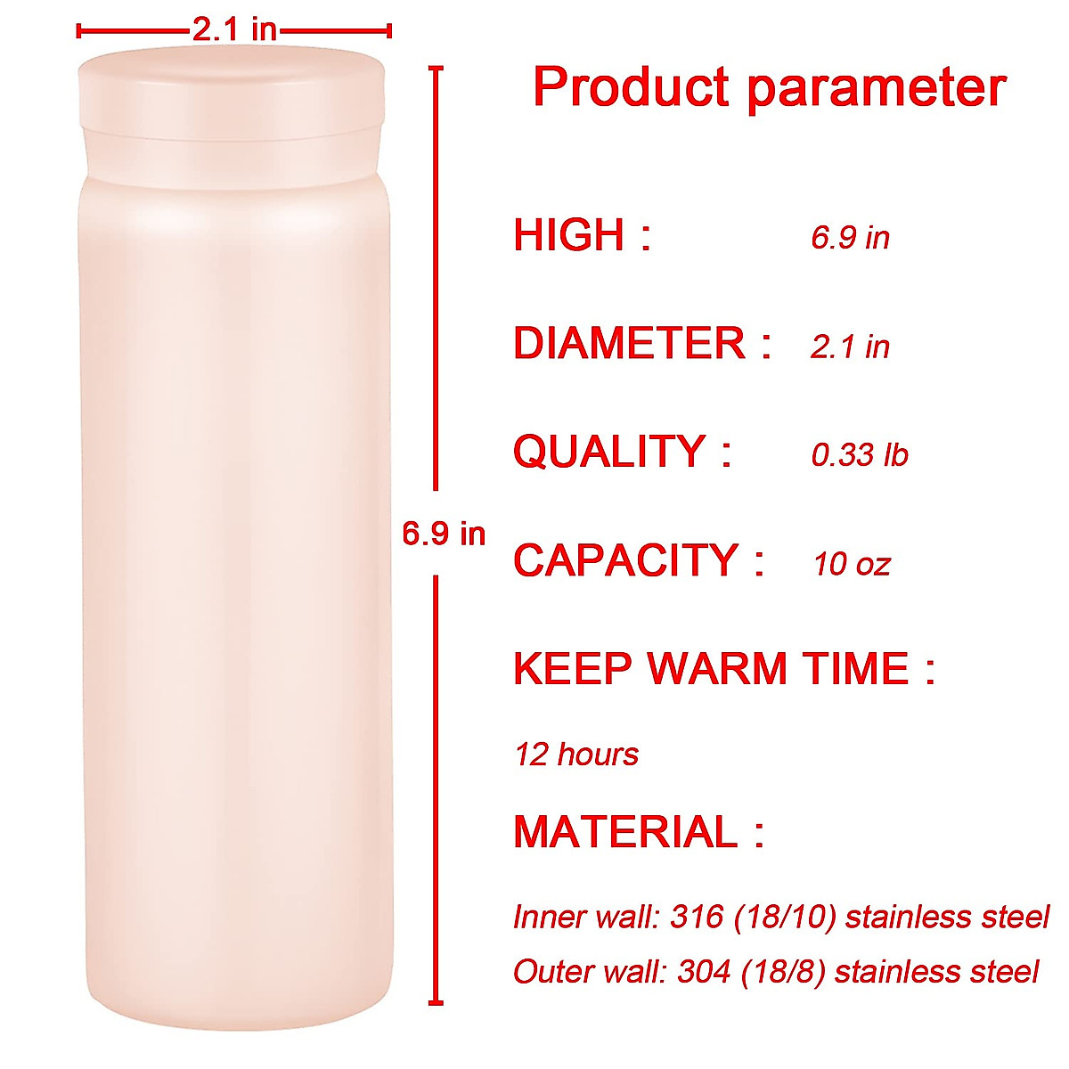 10oz Mini Water Bottle Stainless Steel Thermos Small Flask - Insulated Vacuum, Leak Proof, Keeps Drinks Hot/Cold - Ideal for Coffee, Tea, Water - Pink